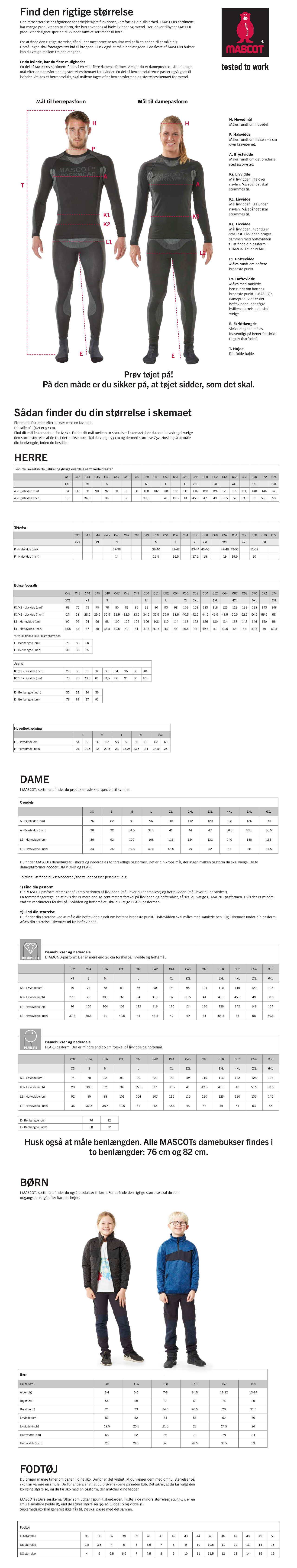 Mascot størrelsesguide