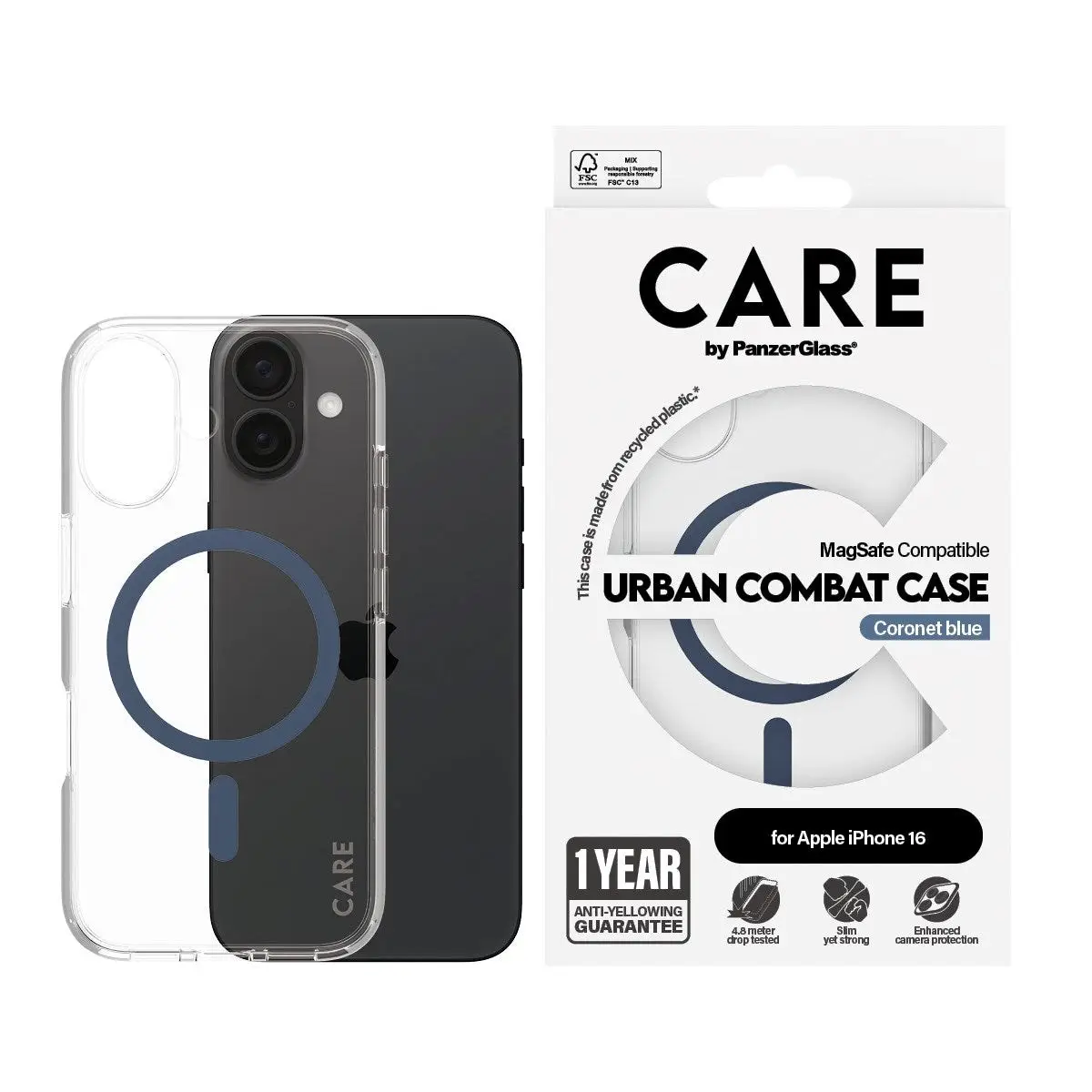 Mobilcover - CARE by PanzerGlass® Flagship Transparent Urban Combat m. Blå MagSafe - iPhone 16