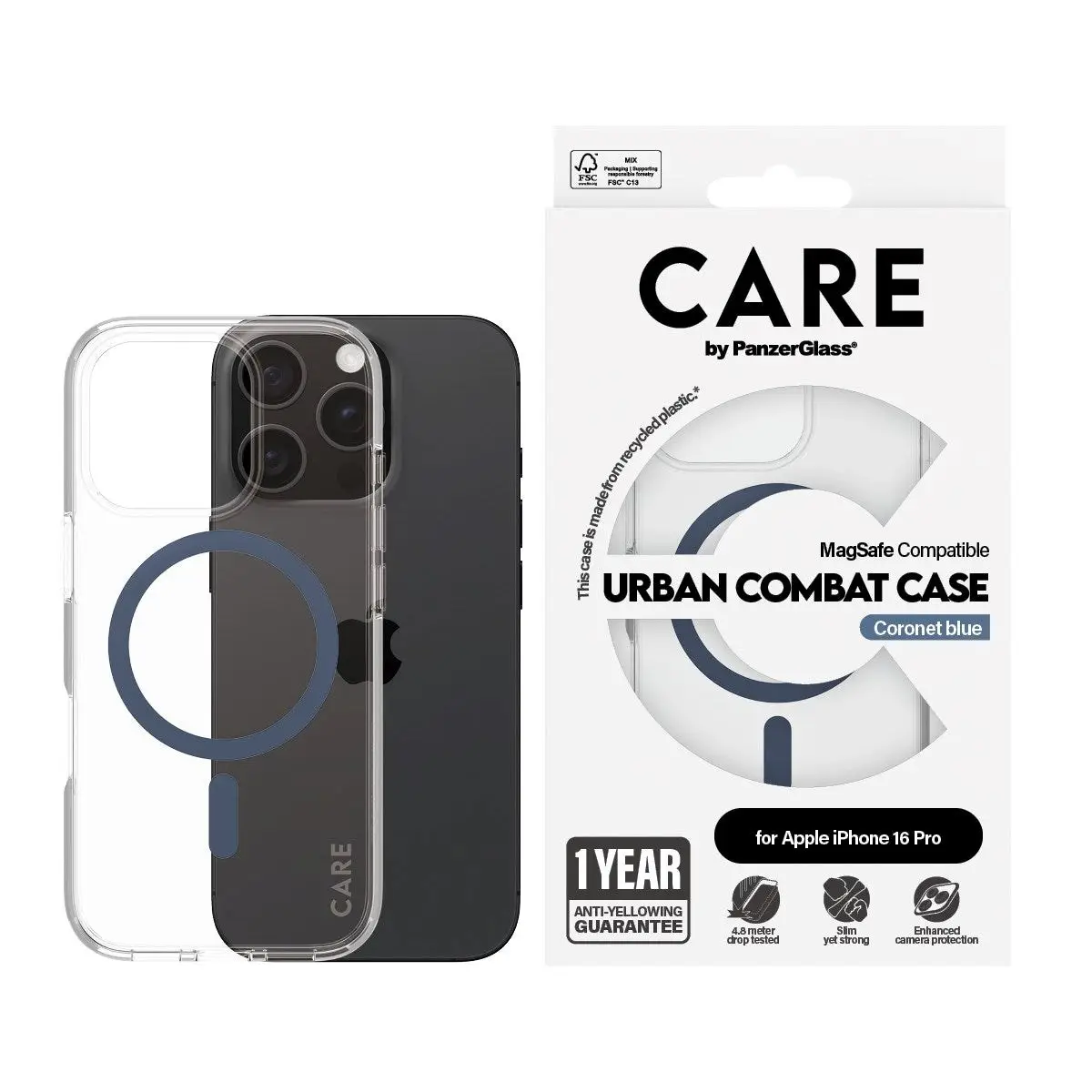 Mobilcover - CARE by PanzerGlass® Flagship Transparent Urban Combat m. Blå MagSafe - iPhone 16 Pro