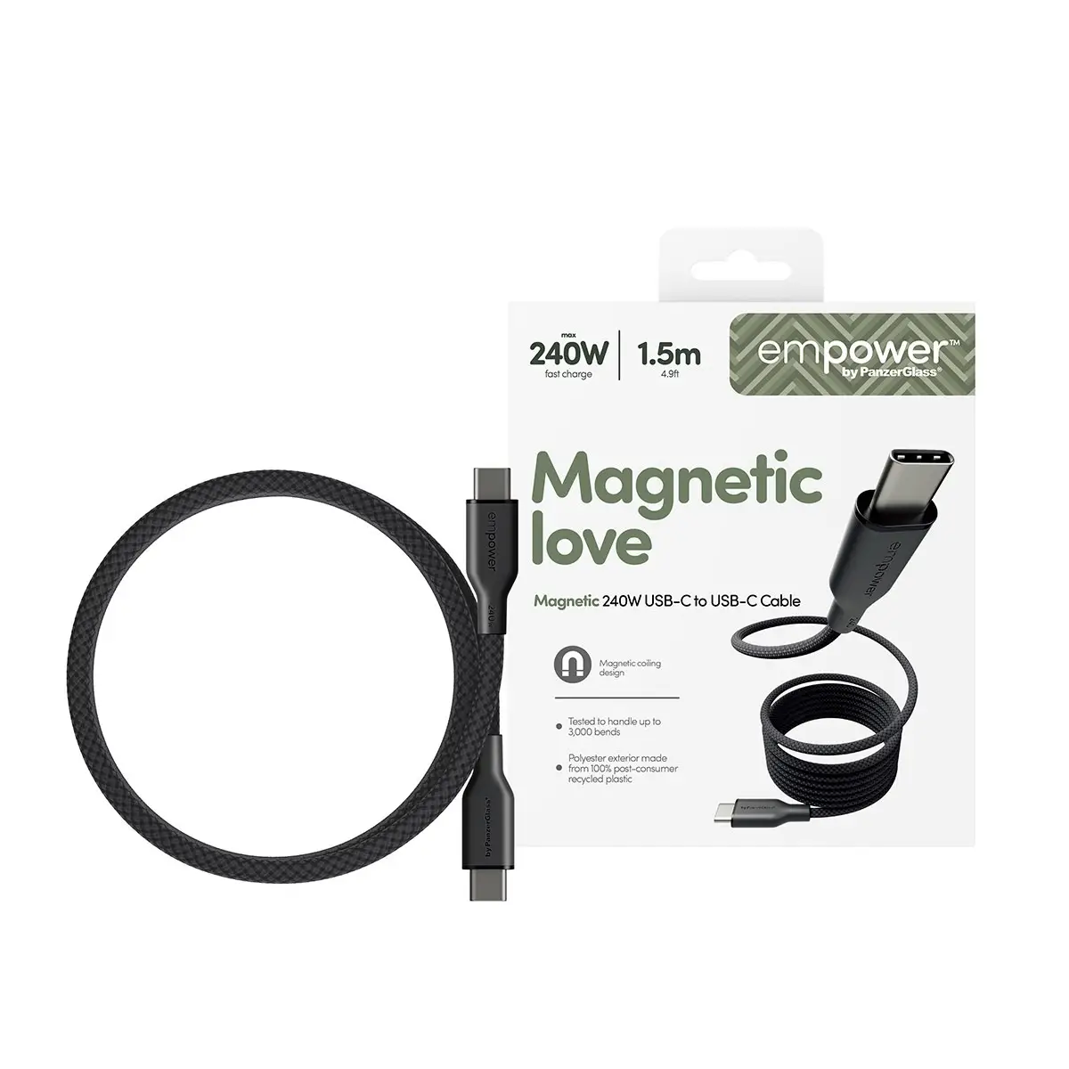 Opladerkabel, Empower by PanzerGlass, Magnetisk, 240W, USB-C to USB-C ...