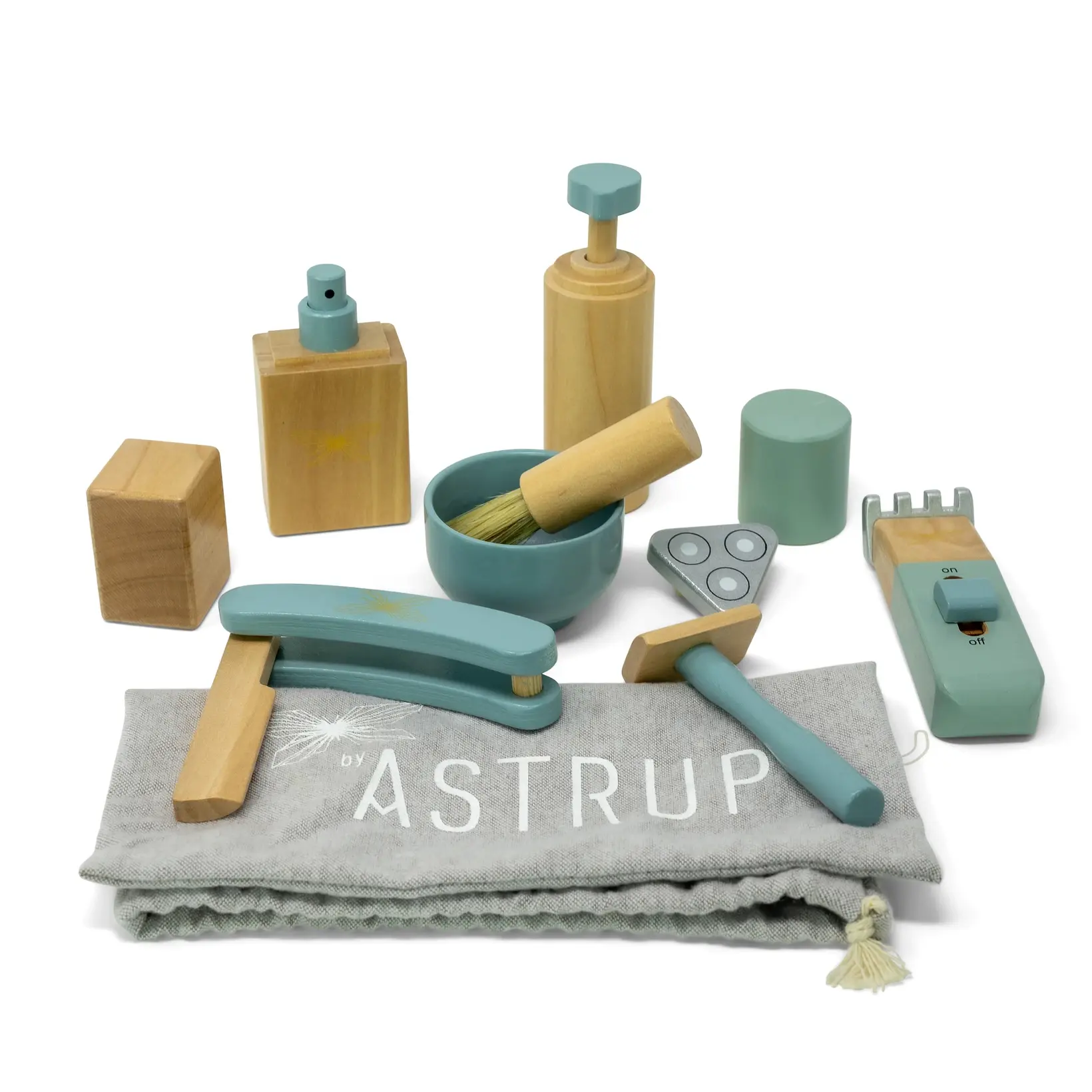 Kids BARBER SET, 8 PARTS. Wood and blue toned play set for kids in ...