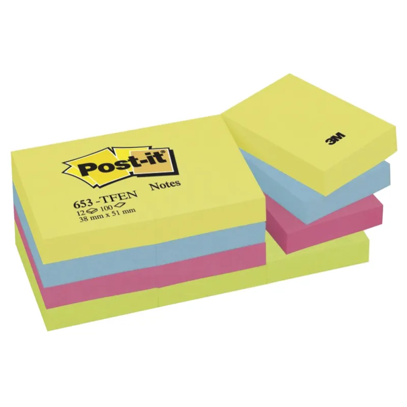 Post-It notes i neon farvede 12 blokke som måler 38 x 51mm