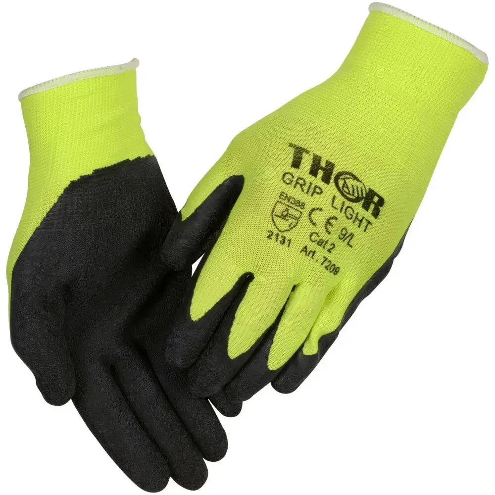 Fingerdyppet latexhandske, THOR Light Grip, 9, sort, bomuld/latex/lycra ...