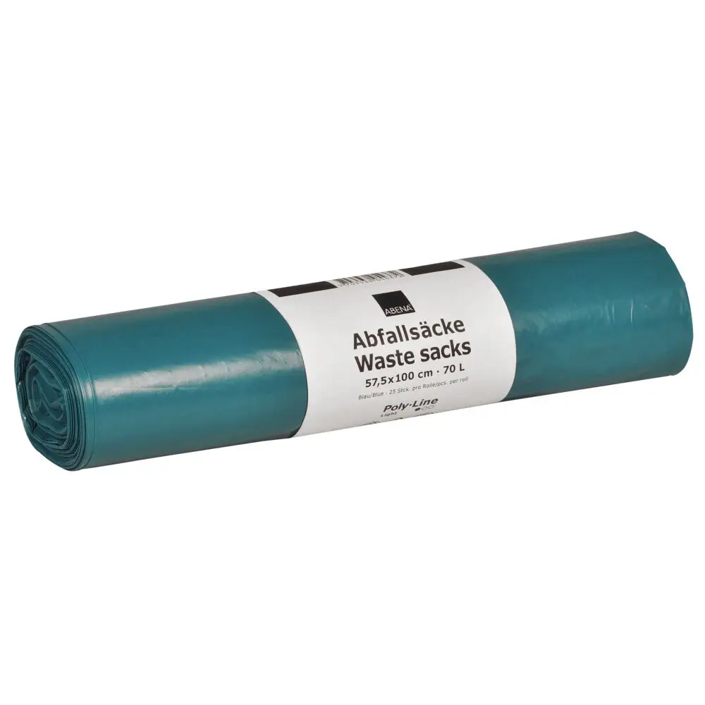Sæk Abena Poly-Line 70 L blå LDPE regenerat 57,5x100cm med tryk - 25 stk pr rulle - 10 ruller