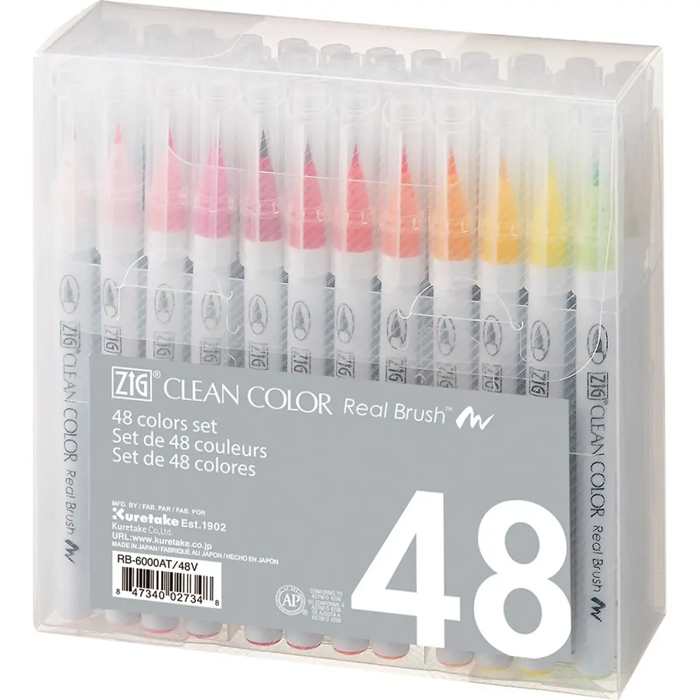 Tuschsæt - ZIG Clean Color Real Brush 48 farver - Børstespids - Køb ...