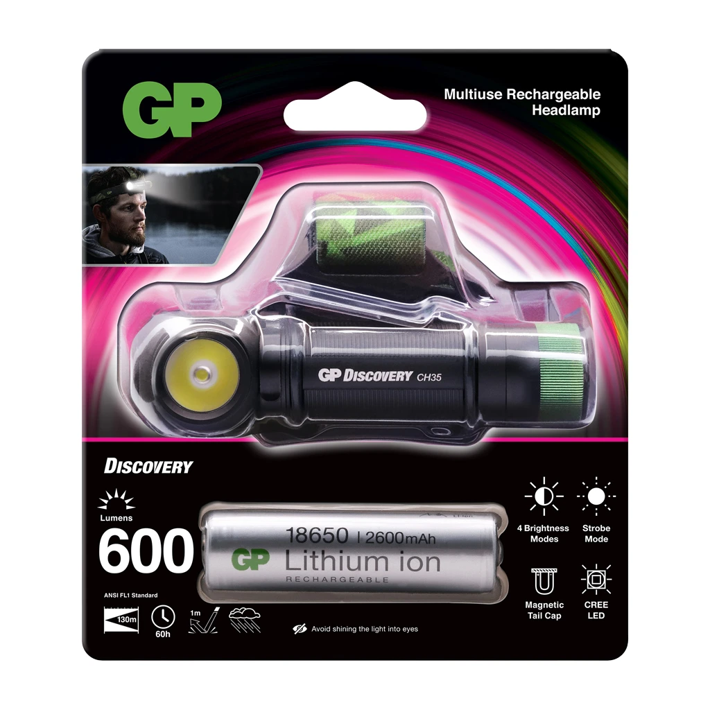 Pandelampe GP Discovery, CHR35 genopladelig 600 lm