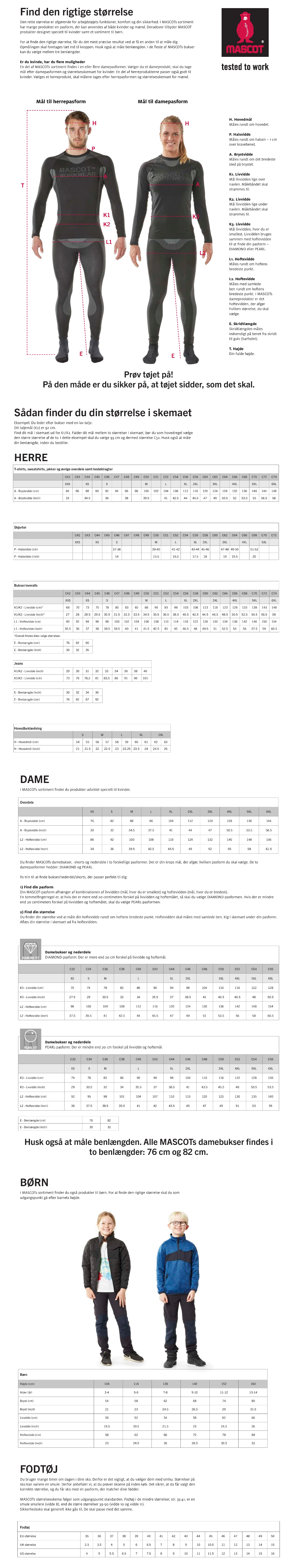 Mascot størrelsesguide