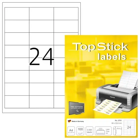 Etiketter - TopStick Print Selv Labels A4 66x33,8 mm - Hvid - 2400 stk ...