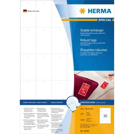 Textiletiketter - HERMA Tear-Resistant Tags - 35x59,4 mm - 3000 stk - A4