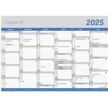 Årskalender til væg blå Klassisk A4 2025 - Køb billigt på Grafical.dk