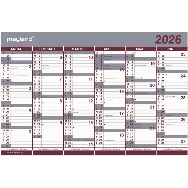 Kalender - Dobbelt halvårskalender 26 0630 00 - Ugekalender 2026 - Hvid ...