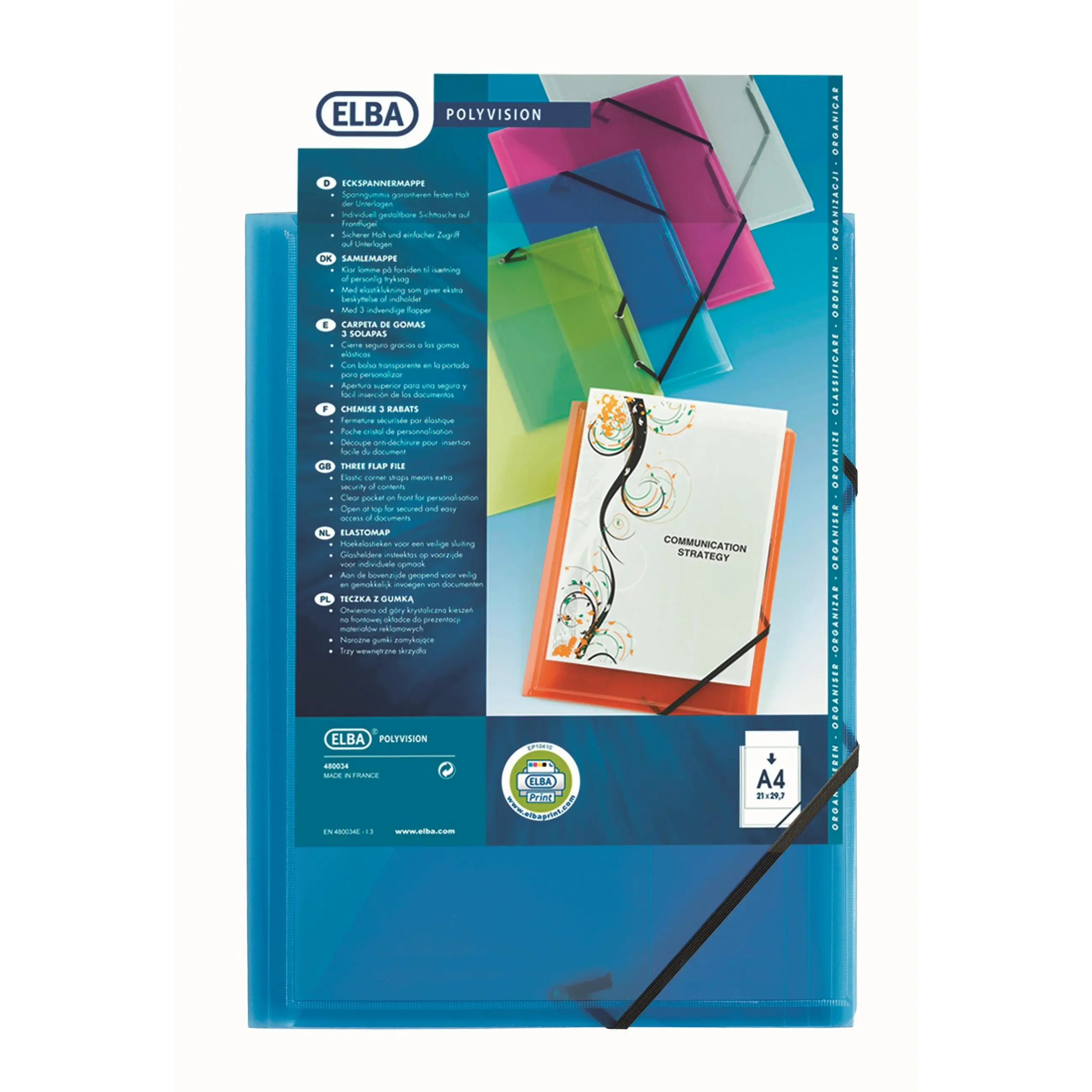 Plastmappe A4 ELBA med forsidelomme og elastik - Blå - 12 stk - Køb ...