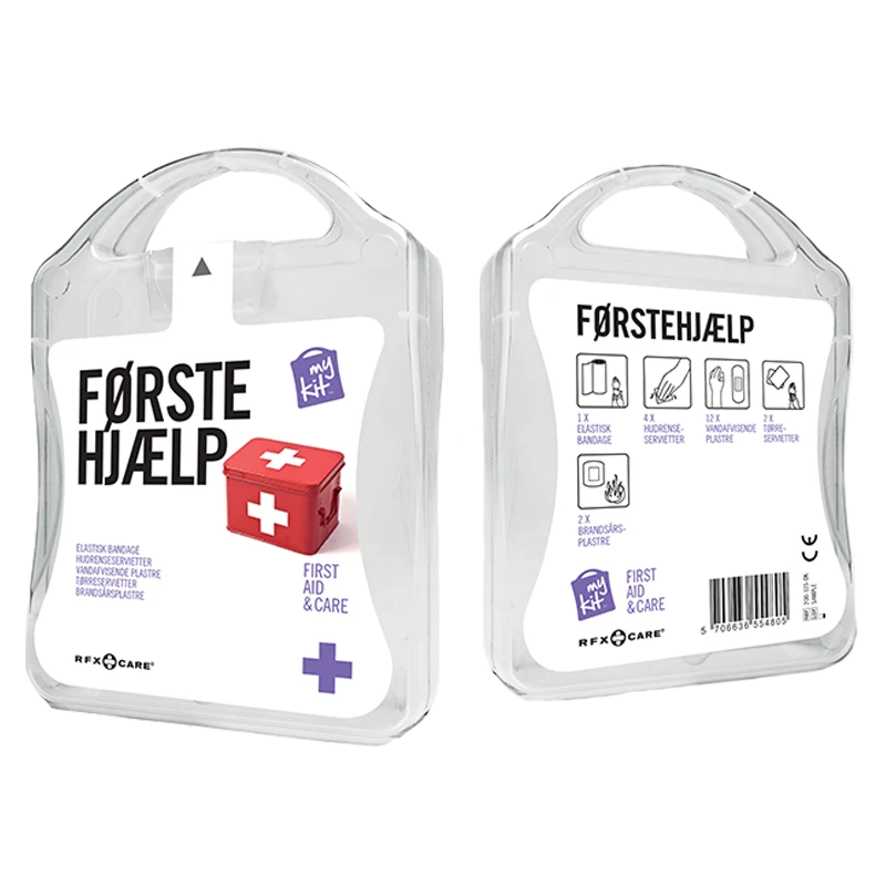 MyKit Førstehjælpskasse med nogle af de helt basale produkter.