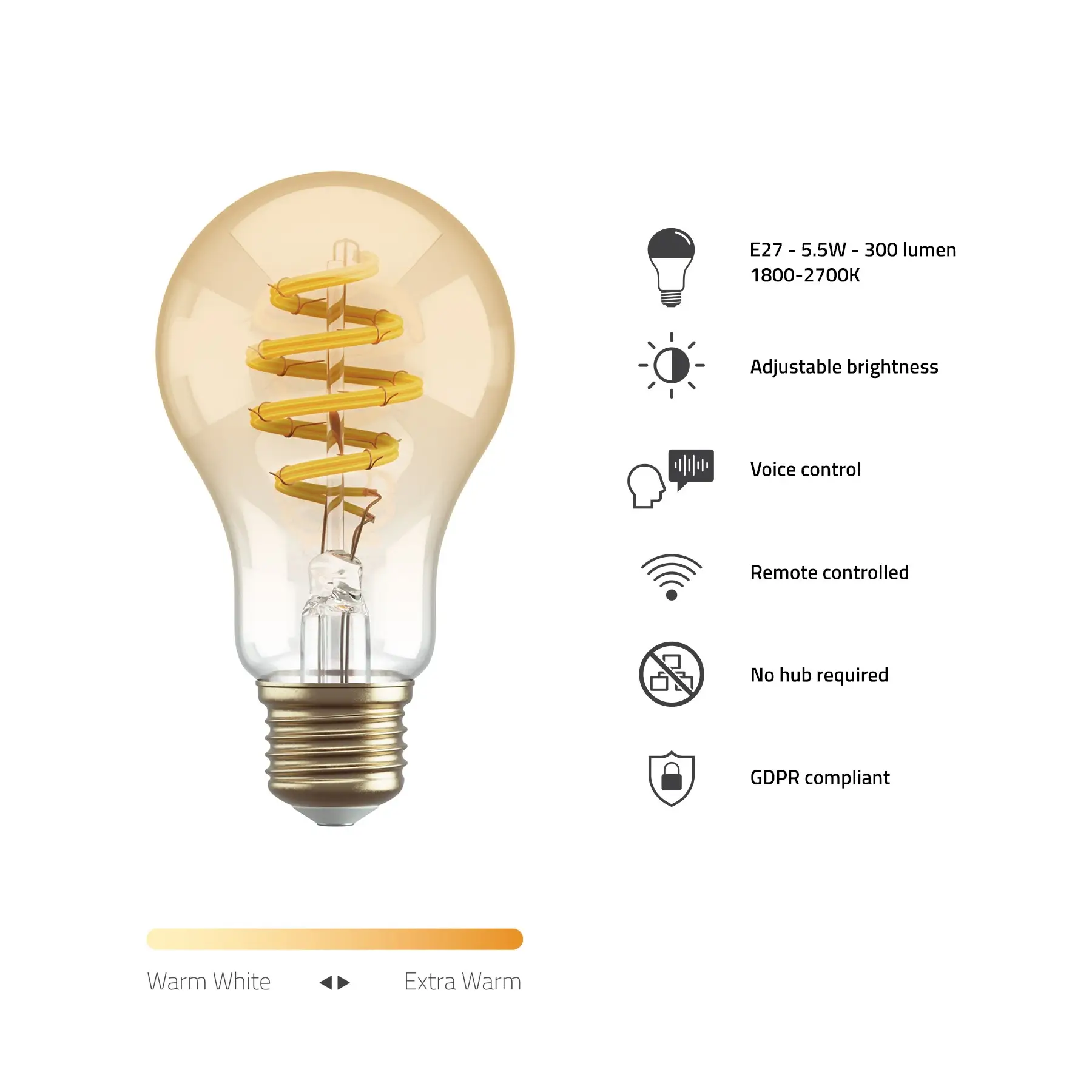 Smart pære Hombli Smart Bulb A60 CCT Filament (E27), Amber - Køb ...