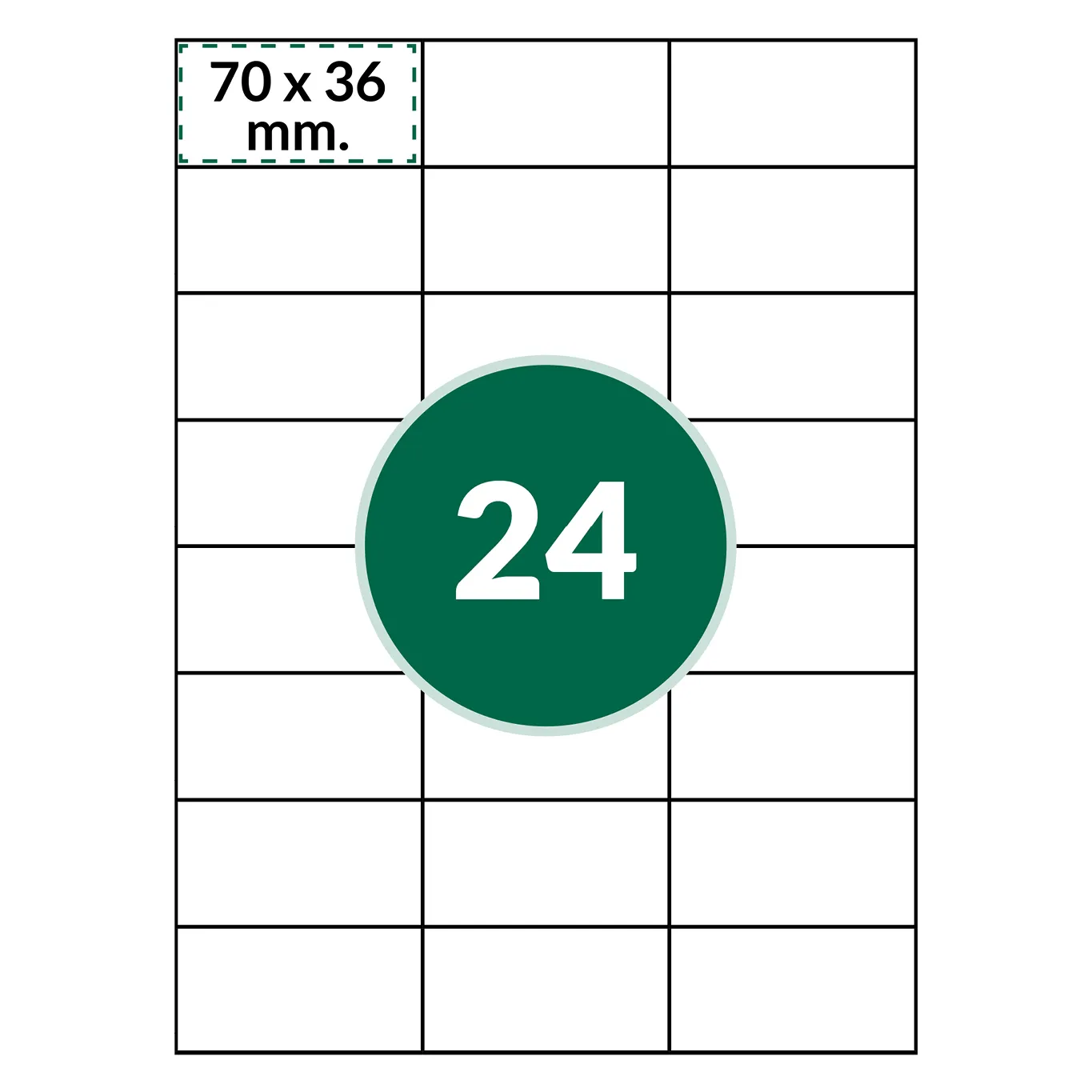 24 etiketter på et a4 ark, hver etiket måler 70x36 mm.