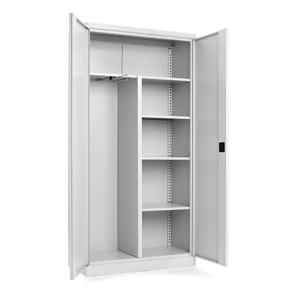 Stålskab med hængslede døre 1 lang hylde, 3 korte hylder ...