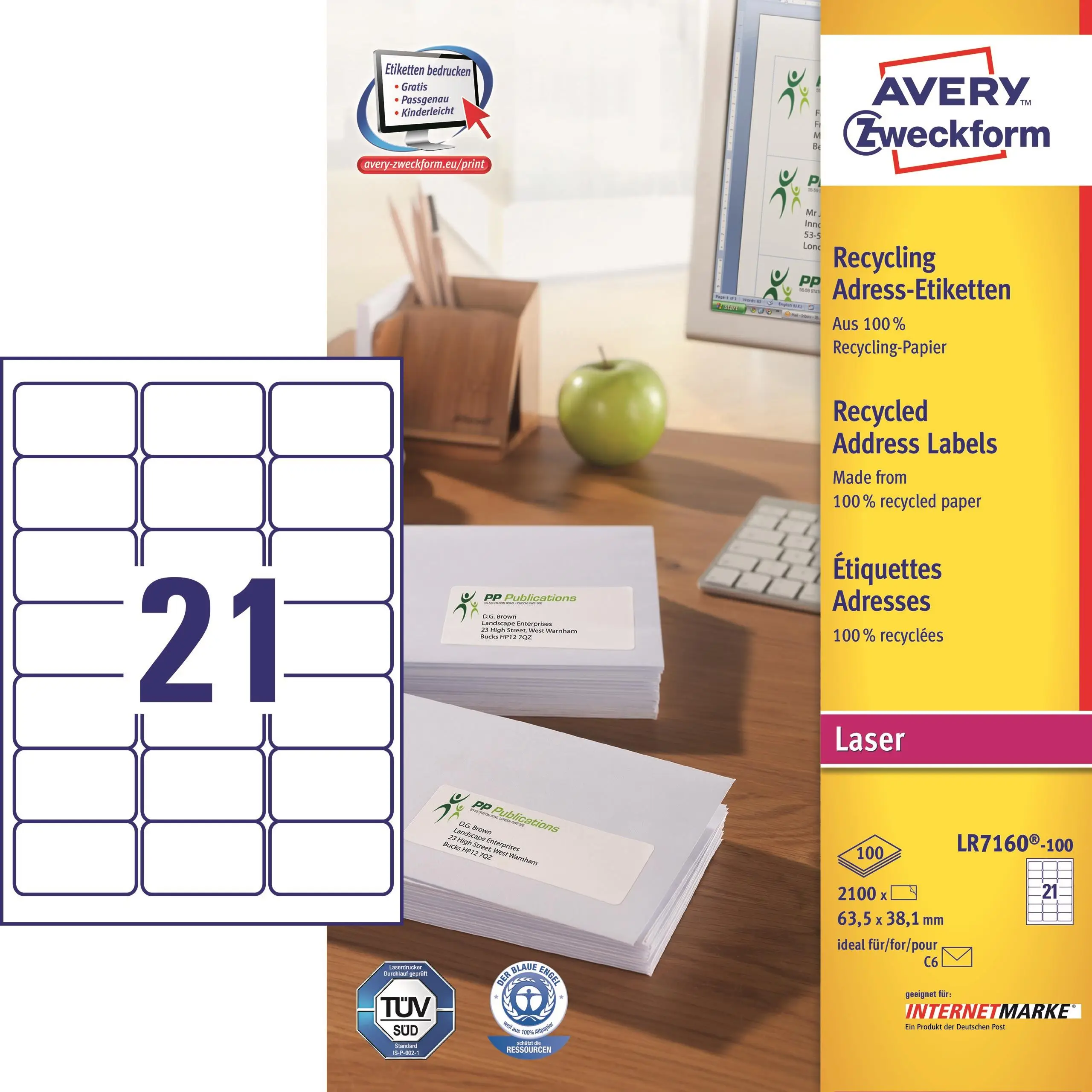 Avery labels LR7160 - Laserlabels 21 pr. ark 63,5 x 38,1 mm - 100 ark ...