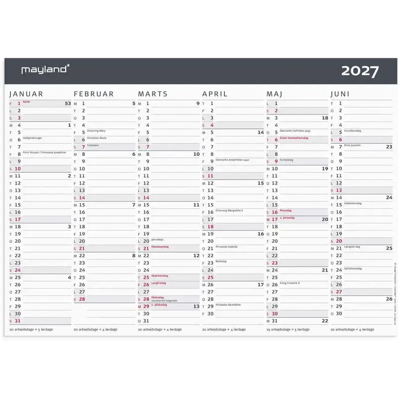 Kontorkalender væg - Moderne - A4 - 2027 - Mayland - 27059050 - Køb ...
