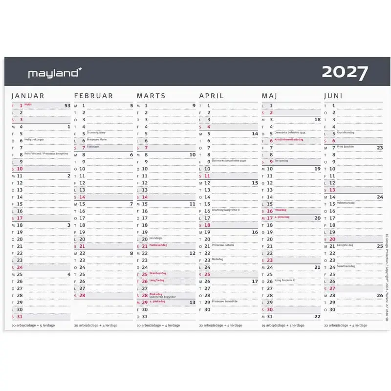 Kontorkalender væg - Moderne - A5 - 2027 - Mayland - 27058050 - Køb ...