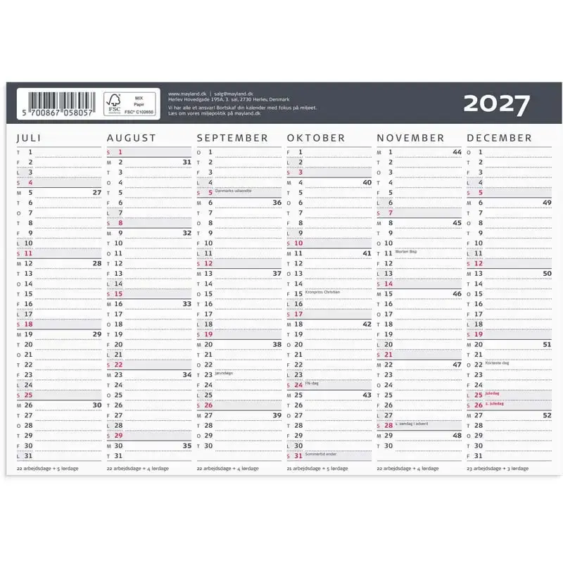 Kontorkalender væg - Moderne - A5 - 2027 - Mayland - 27058050 - Køb ...