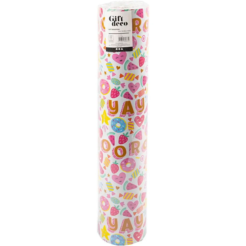Gavepapir Slik frugt og donuts B: 50 cm 80 g lys turkis 100 m pr rulle ...