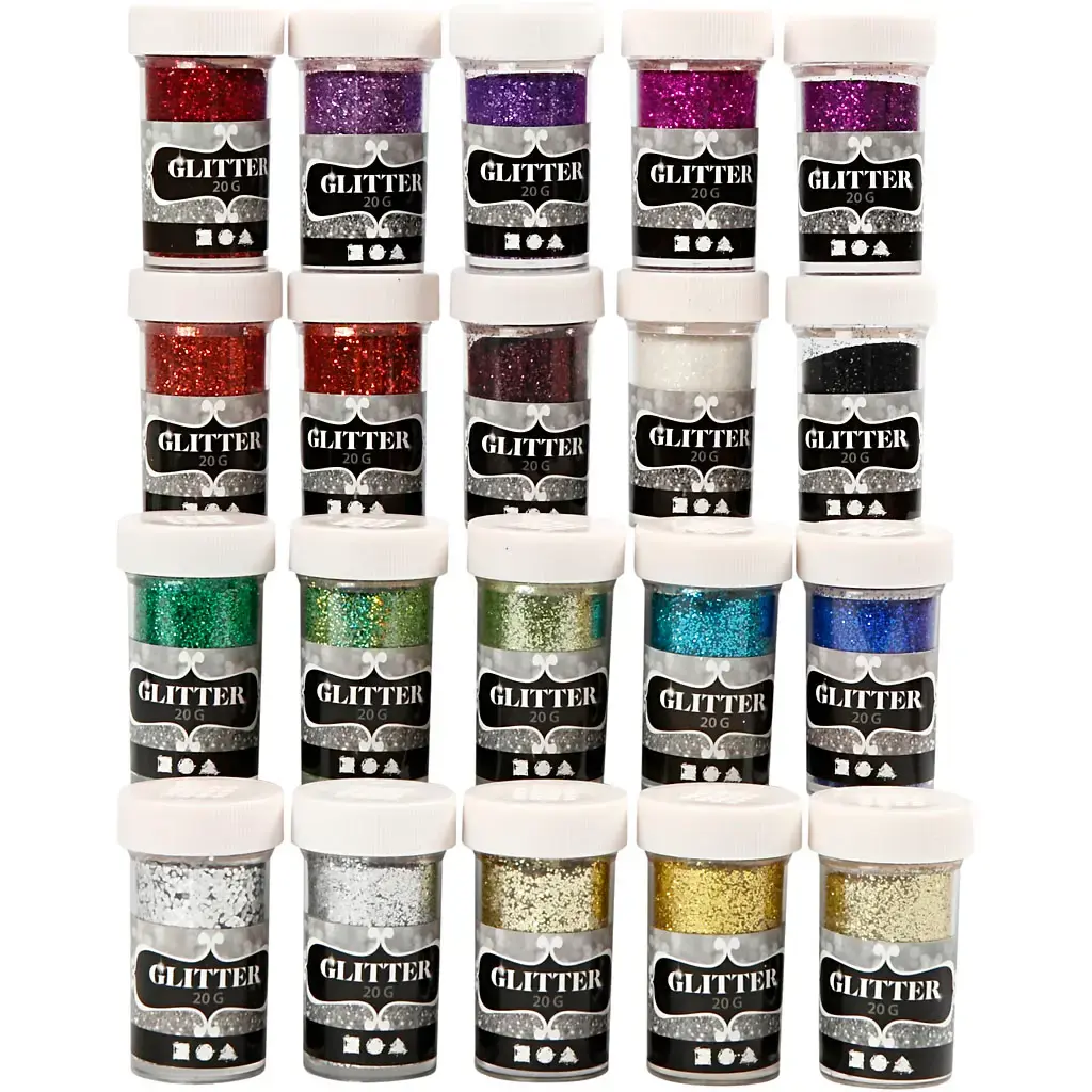 Glitter - sortiment ass. farver - 20 dåser á 20g - Køb billigt på ...