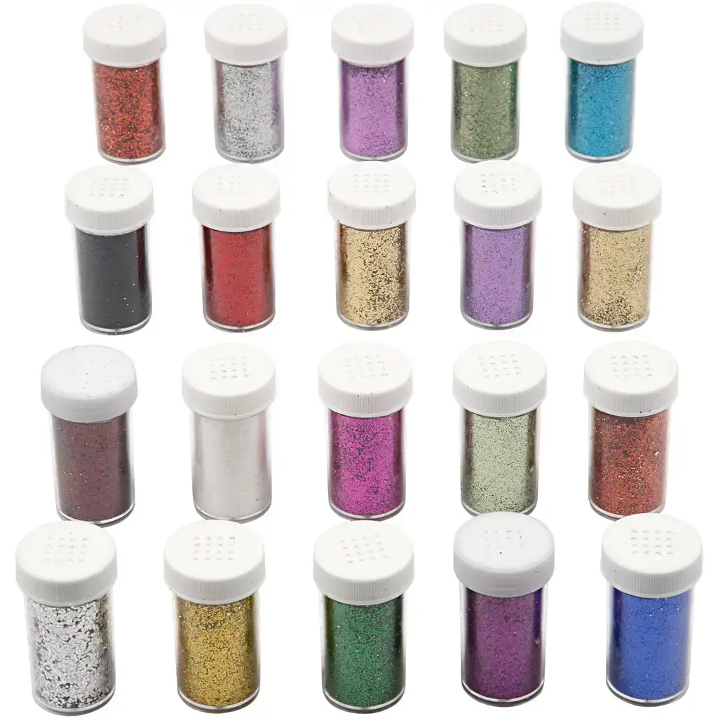 Glitter - sortiment ass. farver - 20 dåser á 20g - Køb billigt på ...