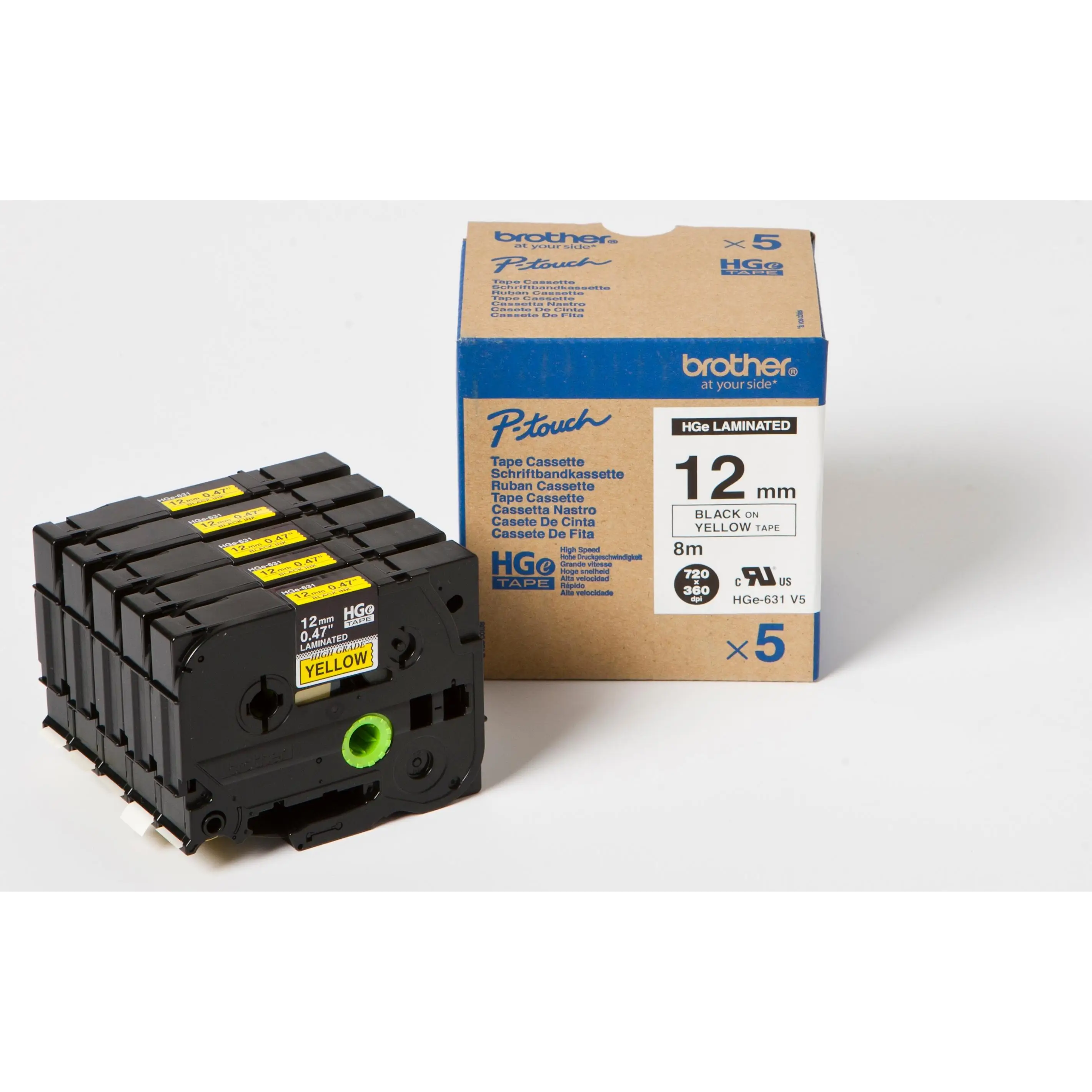 Labeltape Brother HGe 12mm sort på gul 5stk/pak - Køb billigt på ...