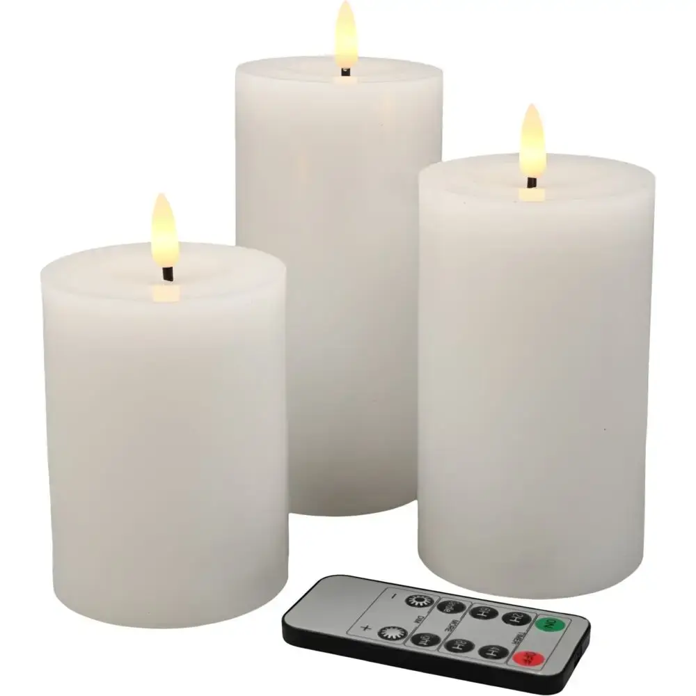 LED bloklys, Ø7,5cm, hvid, plast, sæt á 3 stk., pulserende flamme, 10/ ...
