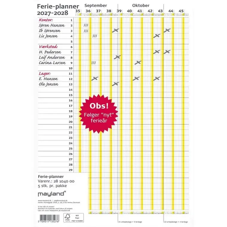 Årskalender - Ferie Planner - A4 - 2027/2028 - Mayland - 28104000 - Køb ...