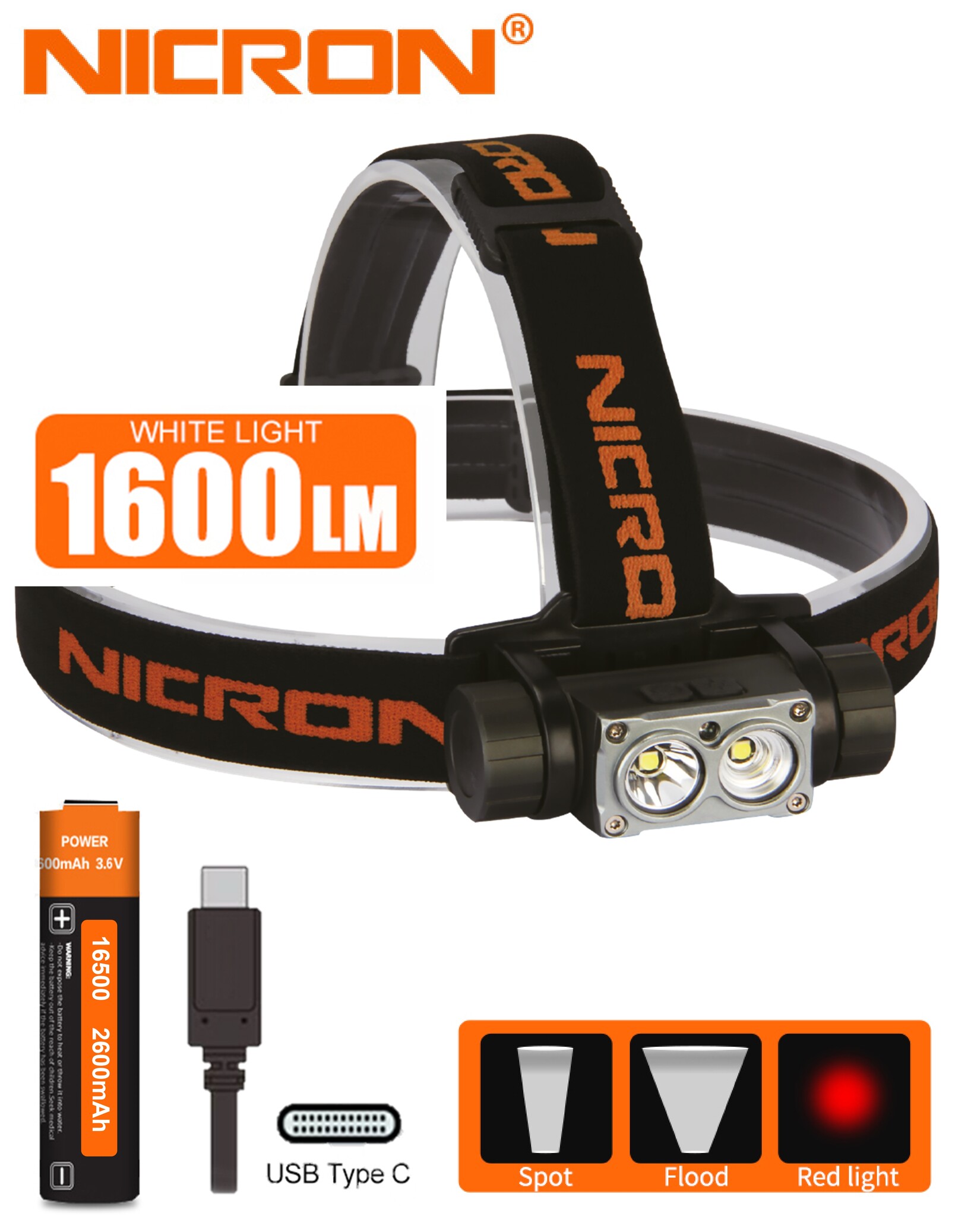 NICRON Genopladelig Alu Pandelampe 1.600 lumen Spotlys 1000lm Bredt lys ...