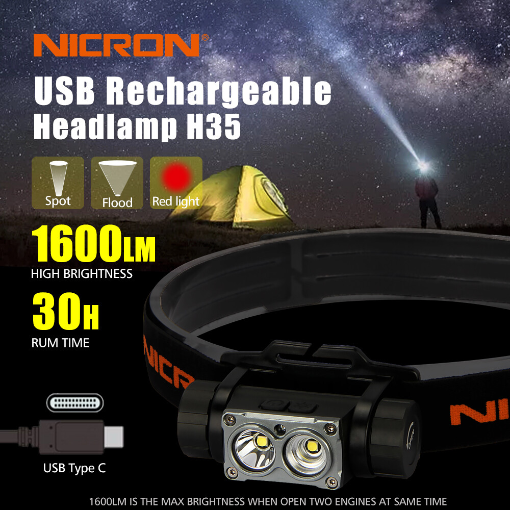 NICRON Genopladelig Alu Pandelampe 1.600 lumen Spotlys 1000lm Bredt lys ...