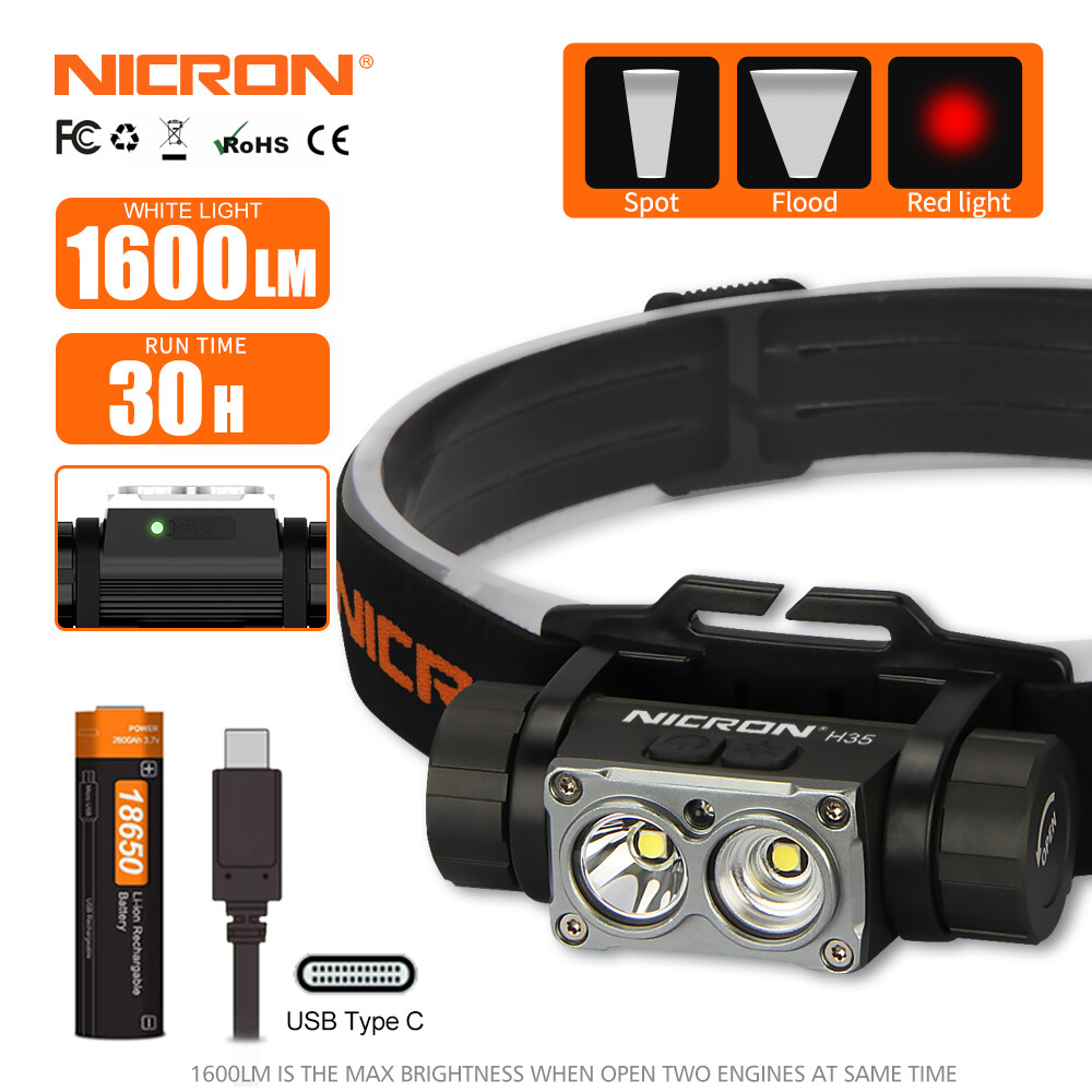 NICRON Genopladelig Alu Pandelampe 1.600 lumen Spotlys 1000lm Bredt lys ...
